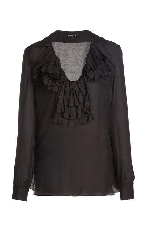 Tom Ford Ruffled Silk Twill Blouse It 42 Only Black Editorialist