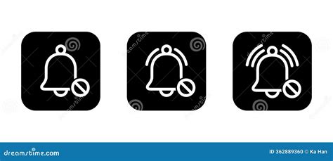 No Bell Prohibition Icon Set On Black Square Turn Off Notification Sign Symbol Stock