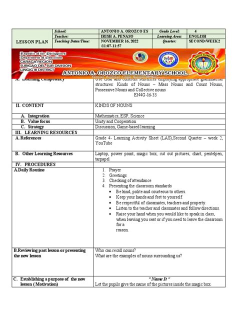 Cot 1english 4 Q2 Week 2 2022 2023 Pdf Noun Teachers