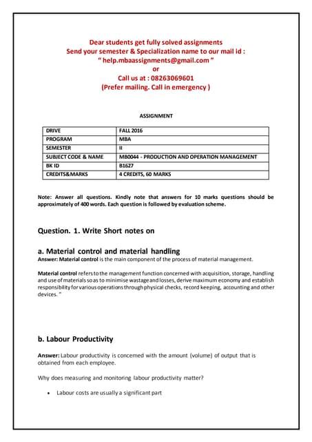 Assignment Mba 205production And Operation Management Pdf