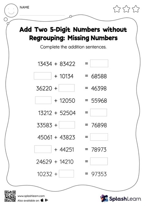 Add Two 5 Digit Numbers Without Regrouping Missing Numbers Worksheet