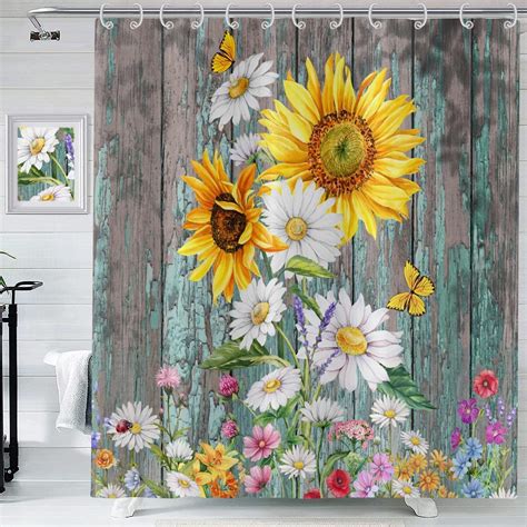 Farmhouse Shower Curtain Spring Rustic Sunflower Daisy Wildflowers