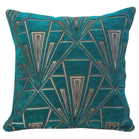 Art Deco Geometric Velvet Chenille Cushion In Teal And Silver Linen Loft