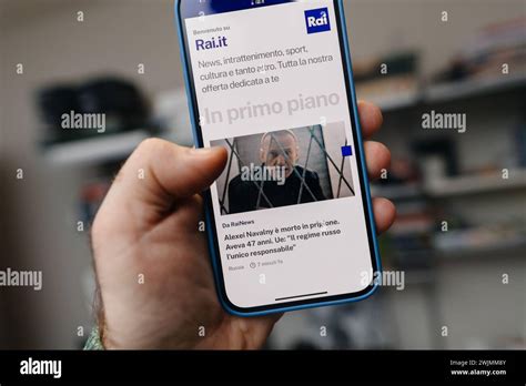 Paris France Feb 16 2024 Pov Male Hand Reading Headlines Rai News