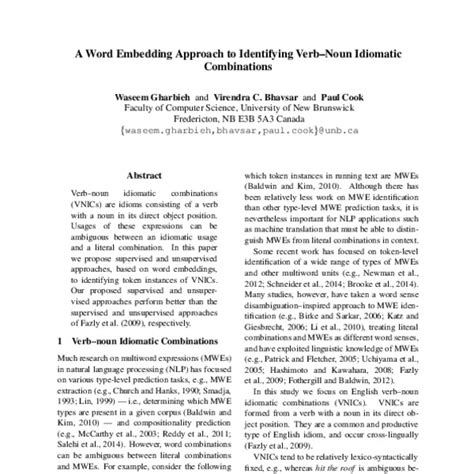 A Word Embedding Approach To Identifying Verb Noun Idiomatic Combinations Acl Anthology