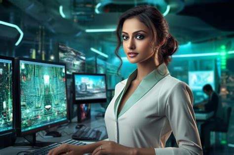 Premium Photo A Indian Woman In A Lab Coat Is In Front Of An
