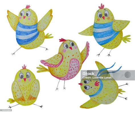 귀여운 병아리 세트 수채화 재미있는 노란색 새줄 무늬 조끼에 소년 비행 병아리와 그녀의 날개를 흔들고 작은 암탉 소녀 흰색 배경에 격리된 손 그리기 가공의 인물에 대한 스톡
