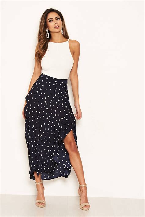 Navy Polka Dot Wrap Style Skirt Ax Paris
