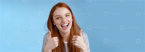 Enthusiastic Amused Outgoing Redhead Beautiful Girl Say Yeah Supportive