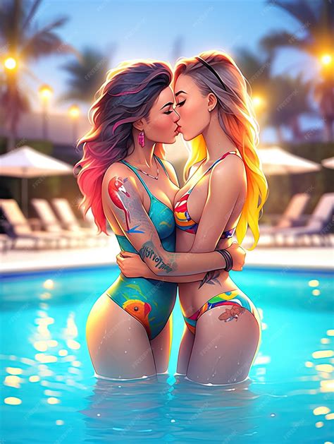 Two Beauty Hot Anime Lesbian Girls Kissing In Pool Mini Bikini Summer