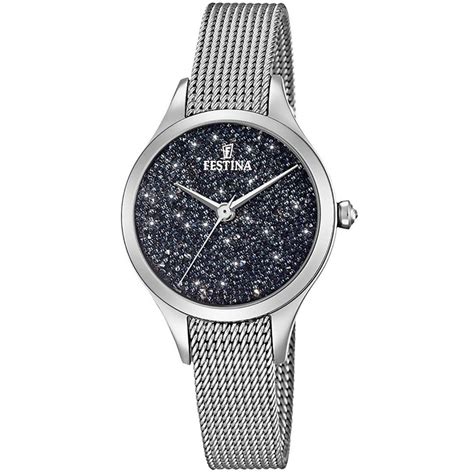 Festina Mademoiselle Watch F20336 3 Steel Case Black Swarovski Crystals