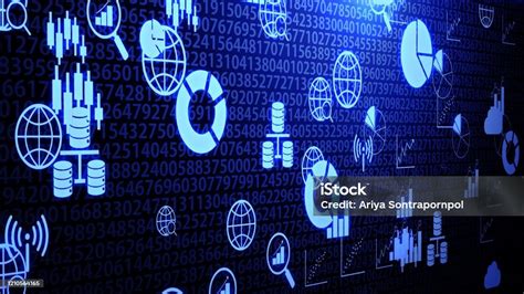 Big Data Icon Set Hovering On The Randoming Numbers Code Background With Blue Lighting Ver2 Of 3
