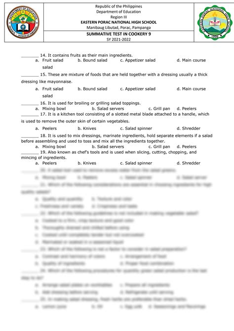 SOLUTION Cookery 9 Summative Test Studypool