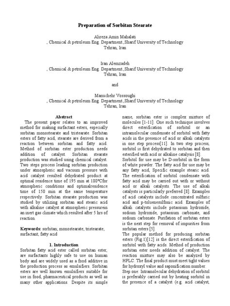 Preparation Of Sorbitan Stearate Pdf Ester Catalysis