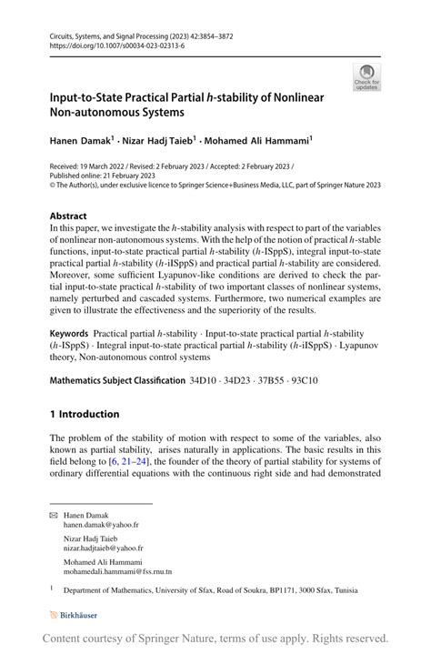 Input To State Practical Partial H Stability Of Nonlinear Non Autonomous Systems Request PDF