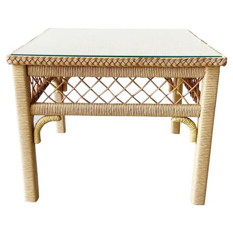 Boho Chic Bamboo Rattan And Wicker Glass Top Side Table For Sale At 1stdibs