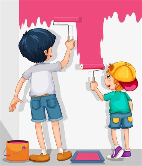 Deux Garçons Peignant Le Mur En Rose Vecteur Gratuite
