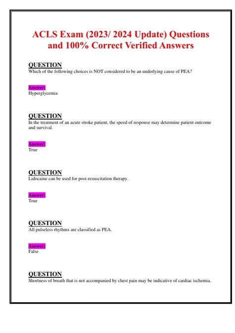 Acls Exam 2023 2024 Update Questions And 100 Correct Verified Answers Acls Stuvia Us