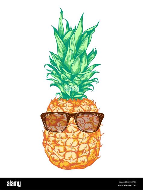 Hand Drawn Vector Pineapple In Sunglasses On A White Background Stock