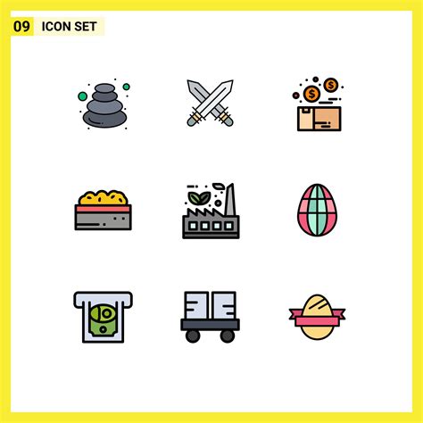 Filledline Flat Color Pack Of 9 Universal Symbols Of Plant Bush Weapon Botanical Package