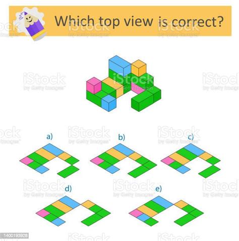 논리 게임 어떤 최고 Vew가 맞습니까 Iq 훈련 테스트 인쇄 가능한 워크시트 벡터 일러스트레이션 대답은 D입니다 3차원 형태에 대한 스톡 벡터 아트 및 기타 이미지