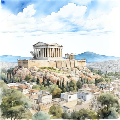 파르테논 신전과 기타 사원 삽화가 포함된 아테네의 아크로폴리스 프리미엄 사진