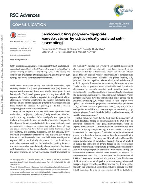 Pdf Semiconducting Polymer Dipeptide Nanostructures By Ultrasonically