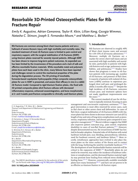 Resorbable 3d‐printed Osteosynthetic Plates For Rib Fracture Repair