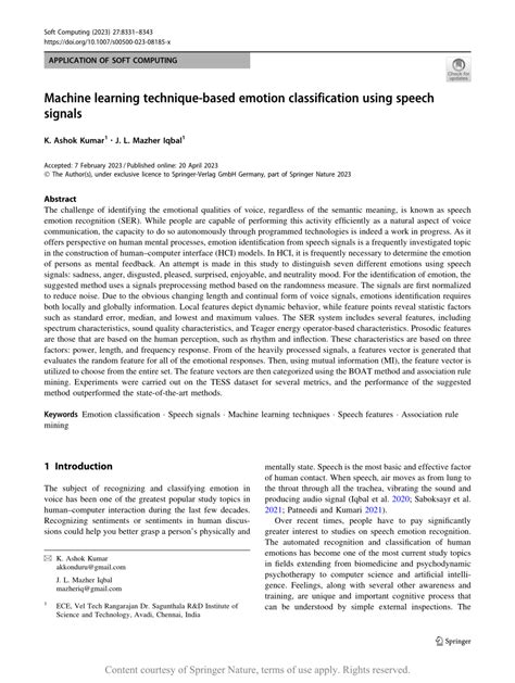 Machine Learning Technique Based Emotion Classification Using Speech Signals