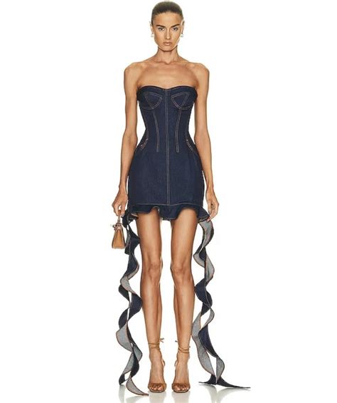 Side Ruffle Strapless Dress Strapless Denim Dress Denim Dress David