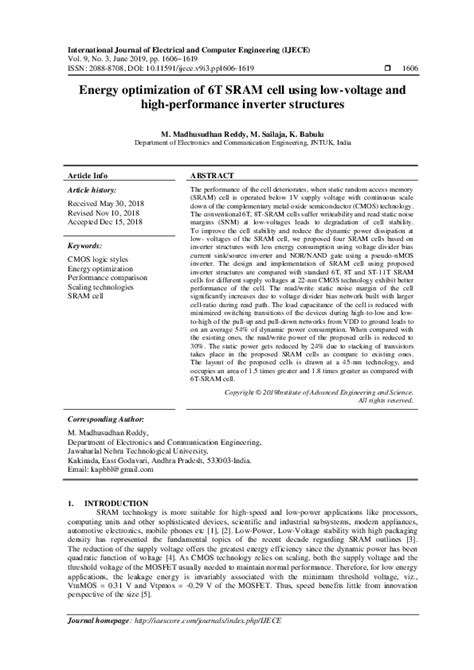 Pdf Energy Optimization Of 6t Sram Cell Using Low Voltage And High