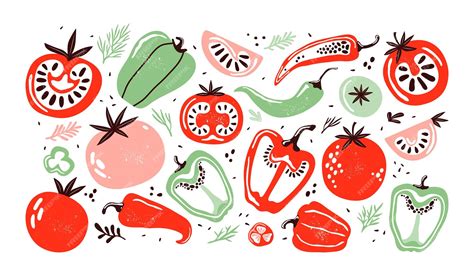 반으로 자른 야채 세트 빨강 및 피망 칠리 토마토 할라피뇨 파프리카 허브 프리미엄 벡터