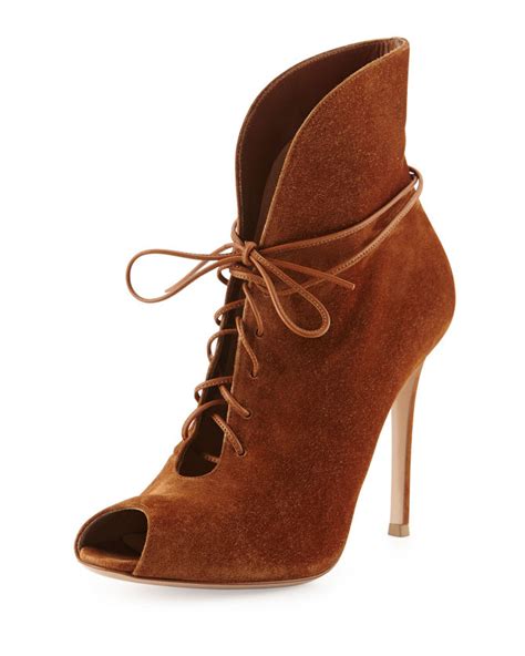 Gianvito Rossi Suede V Neck Lace Up Bootie Luggage Shoes Post