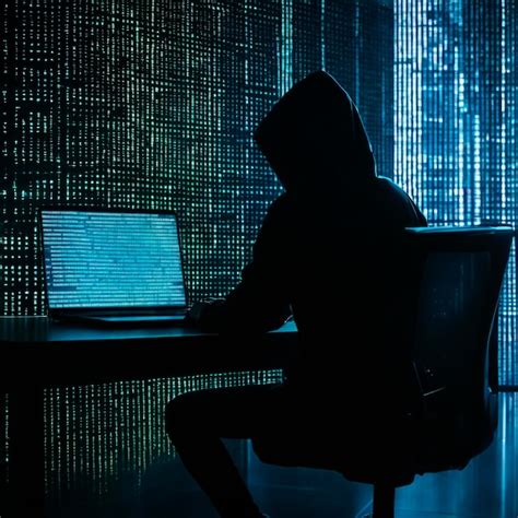 premium ai image hacker in mask stealing information from laptop computer