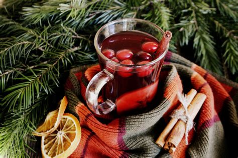 크 렌 베리 유리 향신료와 함께 지구 온난화 음료 전나무로 장식 하는 겨울에에서 크리스마스 Mulled 와인 분기 계 피 말린된 오렌지와 스카프 0명에 대한 스톡 사진 및