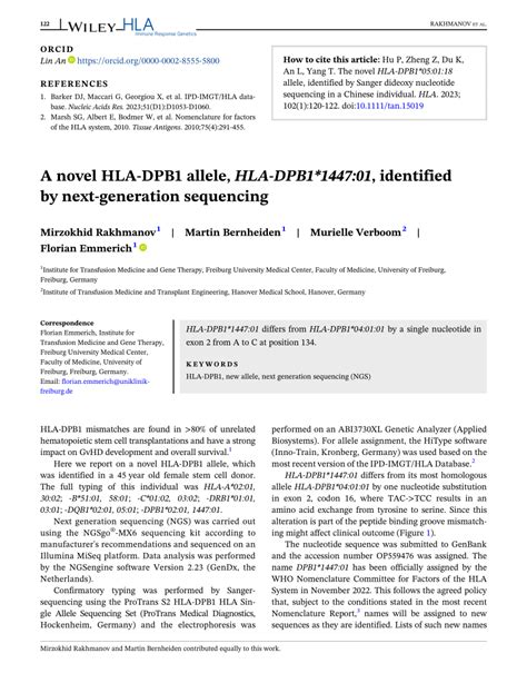 Pdf A Novel Hla‐dpb1 Allele Hla‐dpb1144701 Identified By Next‐generation Sequencing