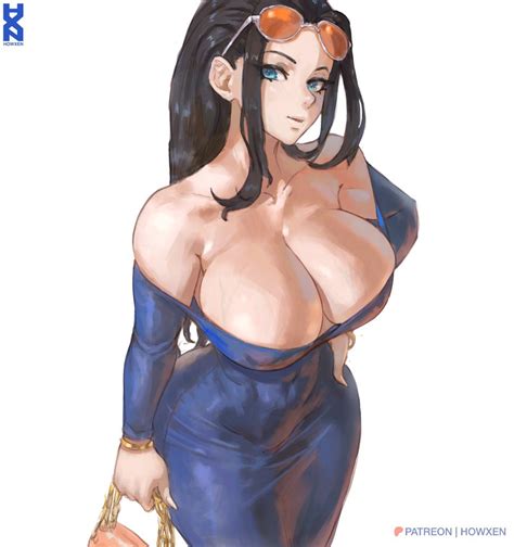 Howxen Nico Robin One Piece Commentary 1girl Bag Bare Shoulders Black Hair Blue Dress