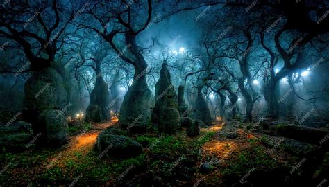 Premium Ai Image Realistic Haunted Forest Spooky Landscape At Night