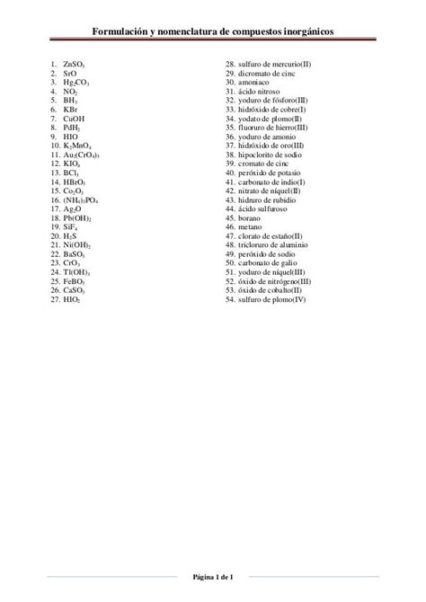 Ejercicios De Formulación Inorgánica 9º V1