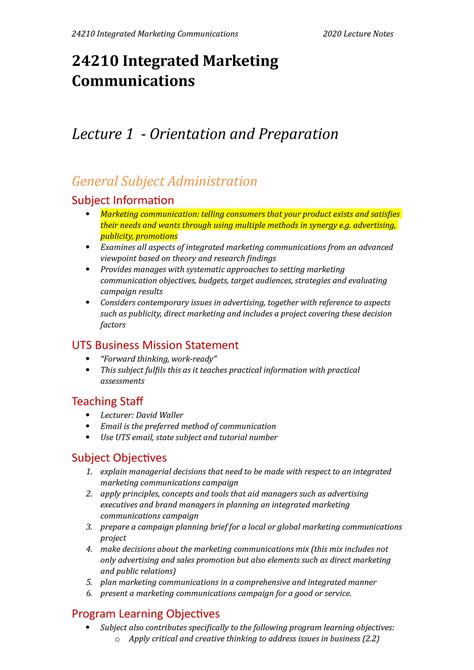 24210 Integrated Marketing Communications Lecture Notes 24210