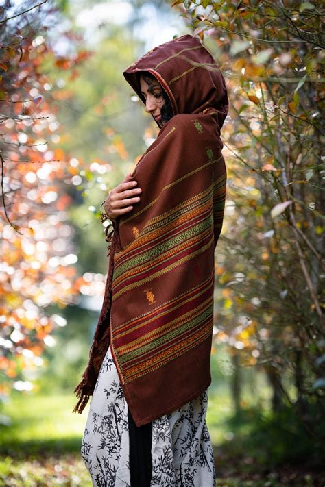 Womens Hooded Poncho Brown Cashmere Wool Hood Earthy Tribal Etsy