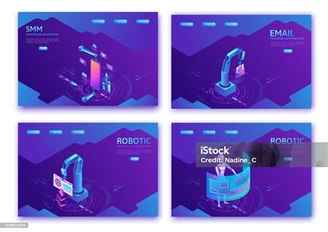 데이터로 작동하는 로봇 무기 이동 파일 웹 사이트에서 정보를 추출 디지털 기술 서비스 3d 등등 측정 벡터 일러스트와 로봇 프로세스 자동화 방문 페이지 템플릿 개념에 대한