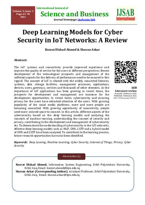pdf deep learning models for cyber security in iot networks a review