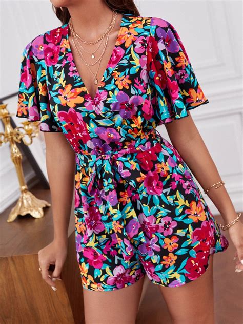 Floral Print Belted Flared Sleeve Romper Comfy Jumpsuits