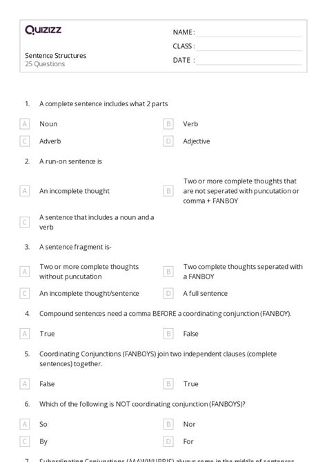 50 Sentence Structure Worksheets For 7th Grade On Quizizz Free