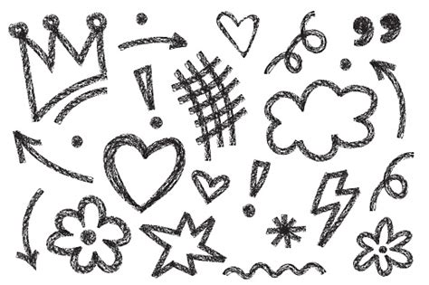 목탄 낙서 낙서 펑크 여성스러운 모양의 컬렉션 대담한 마커 브러시는 템플릿과 콜라주를 위한 다양한 낙서 요소를 그렸습니다 펑크와 그런지 스타일 Yarn Bombing에 대한