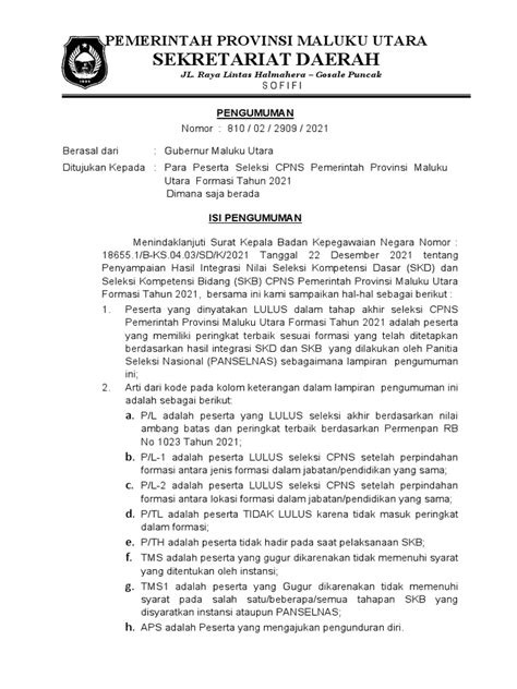 Pengumuman Cpns Pemprov Maluku Utara Pdf Pengelolaan Keuangan And Uang