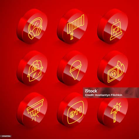 라인 방독면 소방 호스 릴 성 노출증 사이렌 소방관 헬멧 콘 버킷 화재 소켓의 전기 배선 화재 경보 시스템 및 비상 전화 911 아이콘을 설정합니다 벡터 3차원 형태에 대한