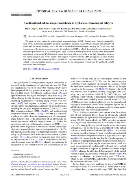 Pdf Unidirectional Orbital Magnetoresistance In Light Metal