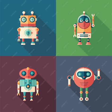 Premium Vector Happy Robots Flat Square Icons With Long Shadows